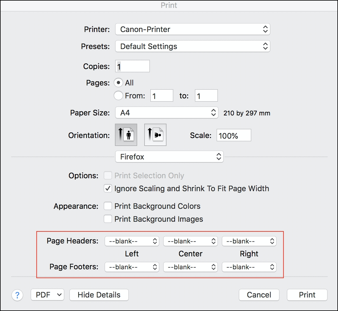 How to remove the date/document name/URL information from the header and footer section while ...